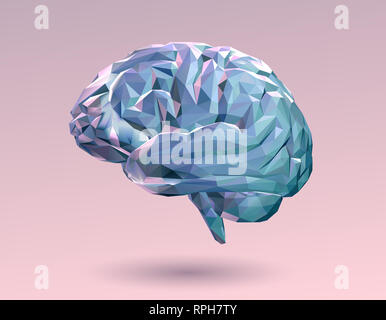 Colorful pastel low poly brain illustration with wireframe on blue ...
