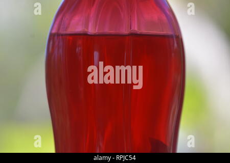 Red plastic translucent drinking bottle with red lid and strengthening ...