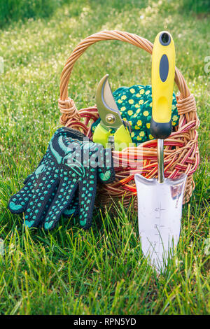 Protective gloves sharp secateurs hand spade on wooden board Stock ...
