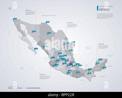 Editable template of map of Mexico with marks. Mexico on world map and ...