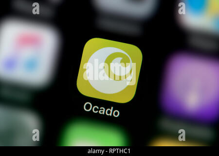 A close-up shot of the Ocado app icon, as seen on the screen of a smart ...
