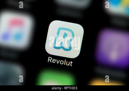 A close-up shot of the Revolut app icon, as seen on the screen of a ...