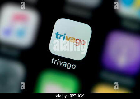 A close-up shot of the Trivago app icon, as seen on the screen of a ...