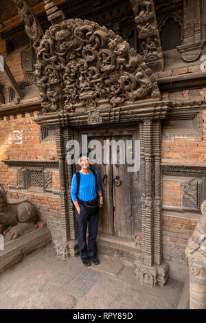 Wooden carved torana, Nepalese Newar traditional door lintel. Thamel ...