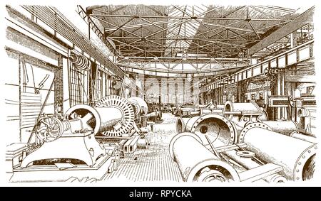 Interior view of a historic machine shop factory building (after an ...