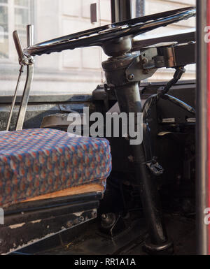 Interior of driver cabin of the heritage Routemaster bus 15, still in ...