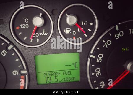Dashboard and display of a modern car, average fuel consumption Stock ...