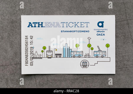 Athens, Greece - February 4 2018: Ath.ena new ticket for Athens public ...