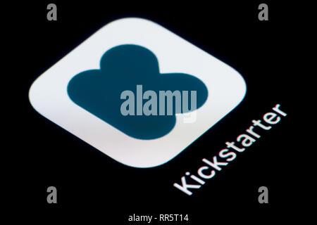A close-up shot of the Kickstarter app icon, as seen on the screen of a ...