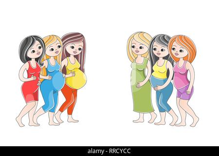 Young white pregnant woman. Third trimester of pregnancy. She strokes ...