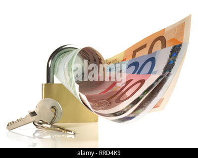 Euro banknotes with lock and chain on wooden table background Stock ...