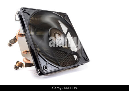 Heatsink fan of a microprocessor on a white background. It has yellow ...