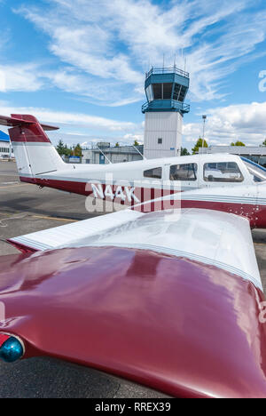 A view of a Piper Twin-Engine airplane showing the propeller and front ...