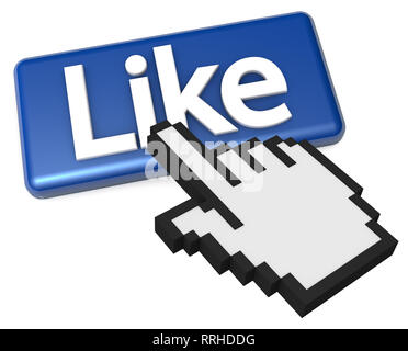 Hand cursor clicking a blue like button Stock Photo - Alamy
