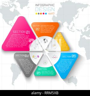 Six labels with business icon and world map background infographics ...