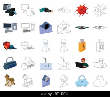 Hacker and hacking cartoon icons in set collection for design. Hacker and equipment vector ...