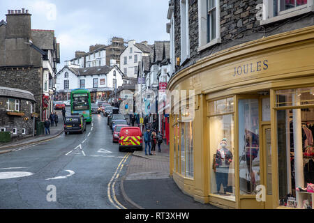 Windermere town shops centre, Cumbria, Lake District national park, UK ...