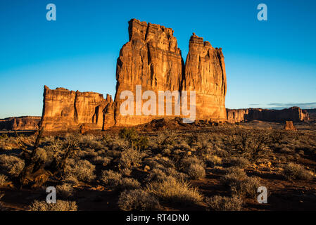 Massive red rock formations in the summertime at Arches National ...