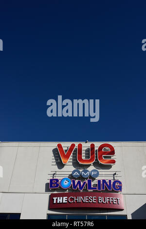 Vue cinema logo, sign, amf bowling and the chinese buffet exterior ...