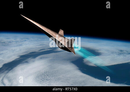 An unmanned scramjet flys toward outer space near the edge of Earth's ...