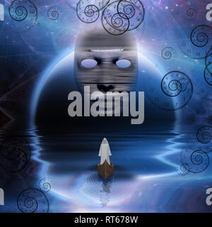 Man in white robe floating in abstract space. 3D rendering Stock Photo ...