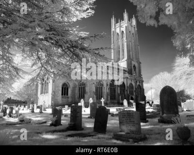 Infrared monochrome of All Saints Church in the North Somerset village ...