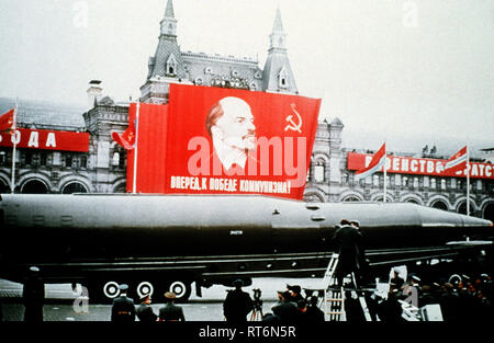 A Soviet SSN-8 intercontinental ballistic missile is displayed beneath ...