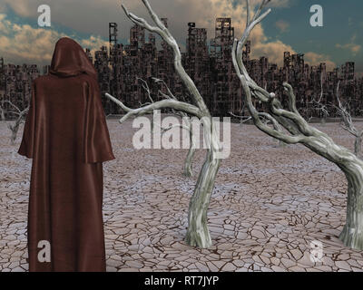 Traveler. Robed Figure Before Destroyed City Stock Photo - Alamy