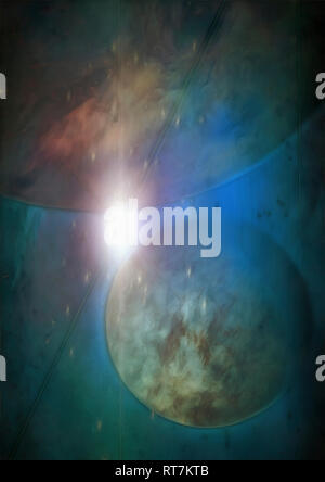 Surrealism. Sun is rising behind the planets Stock Photo - Alamy