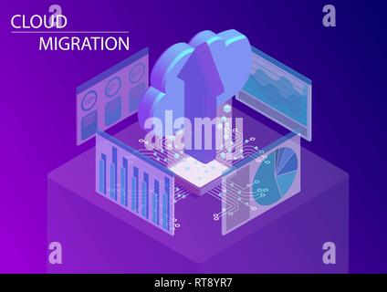 Cloud transformation concept with symbol of floating cloud and upload arrow as isometric 3d ...