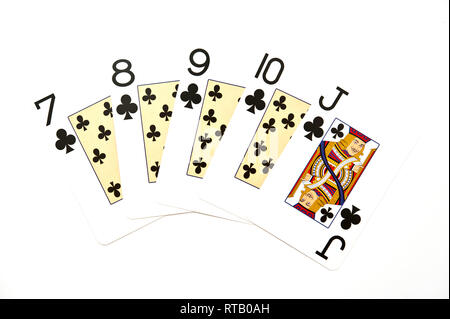Playing cards, a straight flush. A straight flush is a five card ...
