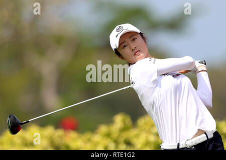 Yu Liu, of China, tees off on the fifth hole during the first round of ...