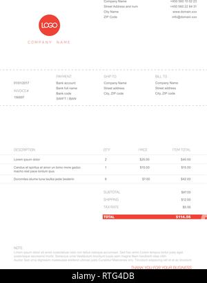 Simple minimalist invoice design with red and blue color. Business ...