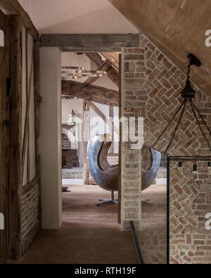Medieval brickwork and oak beams with glass balustrade Stock Photo - Alamy