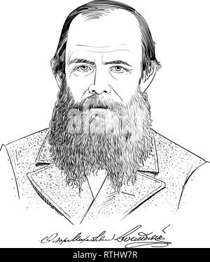Fyodor Dostoevsky engraved vector portrait with ink contours. Russian ...