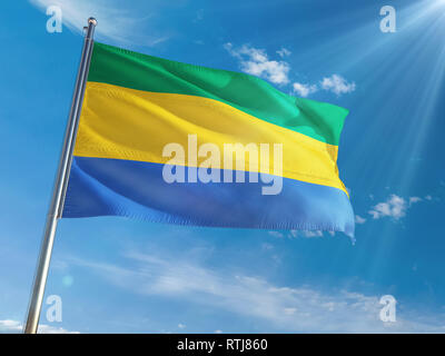 Waving Gabon flag in the sunny blue sky with summer beach background ...