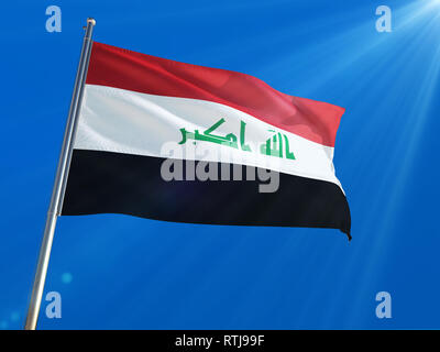 Waving flag of Iraq on flagpole with sky background. Template for ...