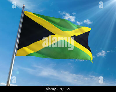 Flag of Jamaica waving against blue sky. Flag of Jamaica have a gold ...