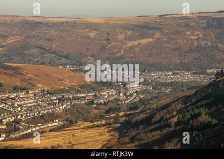Views of valleys town Treorchy and Cwm Parc taken from the Bwlch in the ...