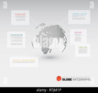 World map globe with pointer marks - light version, with colorful labels. Modern world map globe ...