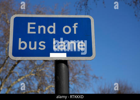 end of bus lane sign against blue sky UK Stock Photo - Alamy