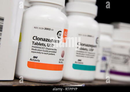 Bottles of Clonazepam prescription pharmaceuticals photographed in a ...