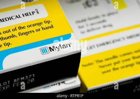 A package containing EpiPen (Epinephrine) prescription pharmaceuticals ...