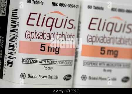 Bottles of Eliquis (Apixaban) prescription pharmaceuticals photographed ...