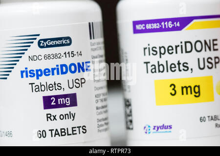 Bottles of Risperidone prescription pharmaceuticals photographed in a ...
