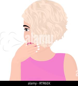 A beautiful girl having a burp and covering her mouth with her hand ...