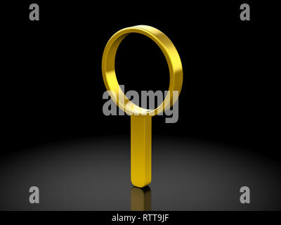 Gold magnifier symbol on a black background. 3d illustration Stock ...