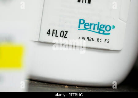 A Perrigo Company logo is seen on prescription pharmaceutical packaging ...