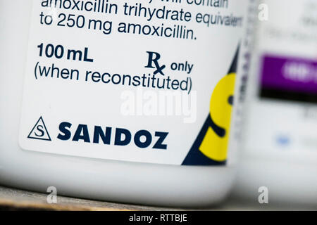A Sandoz logo is seen on prescription pharmaceutical packaging ...