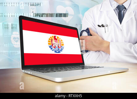 Polynesian Doctor standing with stethoscope on French Polynesia flag ...